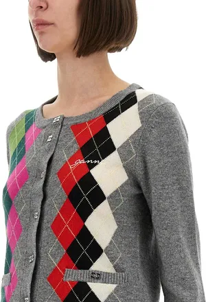 Ganni Jacquard Cashmere Blend Cardigan - Purple