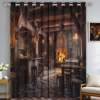 Generic Retro Tavern Gardinen Blickdichte Thermo Vorh&auml;nge Mit &Ouml;sen Weich Vorhang Tanmittelalterliche Architektur Wohnzimmer Schlafzimmer Verdunklungsvorh&auml;nge 