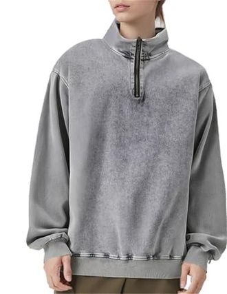 Generic Sweat-shirt &agrave; manches longues en coton avec fermeture &eacute;clair 1/4 pour homme, col montant, lavage &agrave; lacide, gris, XXL