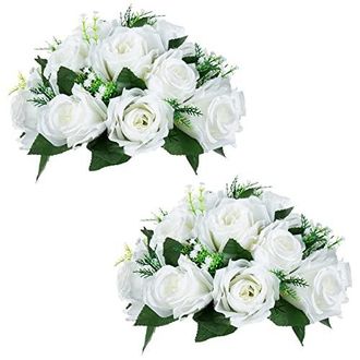 Nuptio 2 Pi&egrave;ces Fleurs Artificielles, 15 T&ecirc;tes de Roses Plastique avec Base, Convient au Centre de la Table Mariage Notre Magasin pour Les F&ecirc;tes D&eacute;coration d