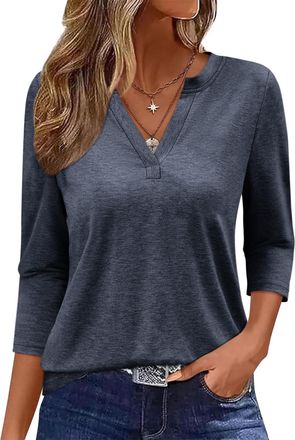 Onsoyours Shirt Damen 3/4 Arm Pullover Herbst Oberteile V-Ausschnitt Tshirt Sommer Tops Basic Shirt A Dunkelblau XXL