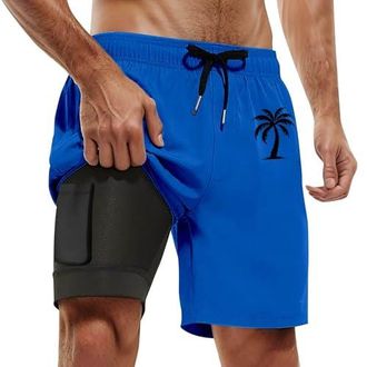 Generic Maillot de bain pour homme - Short d&eacute;t&eacute; tendance - Imprim&eacute; noix de coco - Double couche int&eacute;rieure - Pantalon de plage avec poche, bleu, 4XL