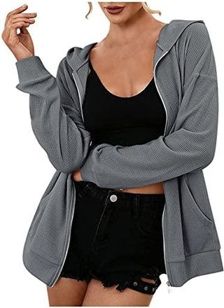 Generic DABAOK Sweat g&eacute;ant confortable pour femme, tendance, couleur unie, &agrave; capuche avec poche zipp&eacute;e, manteau sup&eacute;rieur, veste automne-hiver, chemisier d&eacute;co