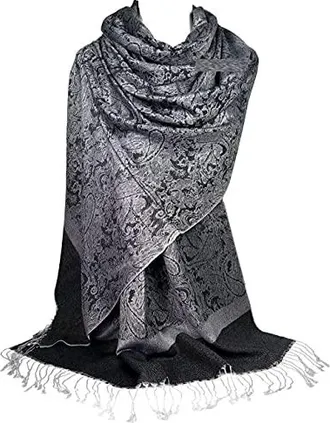GFM Écharpe style pashmina en motif feuilles cachemire florales -Noir Blanc- (P093-klsfd)