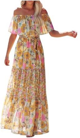Generic Robe boh&egrave;me 2026 pour femme, robe longue &agrave; &eacute;paules d&eacute;nud&eacute;es avec imprim&eacute; floral - Tenue de plage longue et &eacute;l&eacute;gante et d&eacute;contract&eacute;e, jaune, 3XL