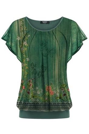 Zeagoo Chemisier pour femme - Manches courtes - Tunique - Haut en maille - Col rond, Fleurs vertes., XL