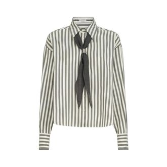 Brunello Cucinelli Chemise ray&eacute;e en popeline de soie avec foulard en laine vierge - Femme - Blouses et Chemises - Vert - Taille: 36 FR