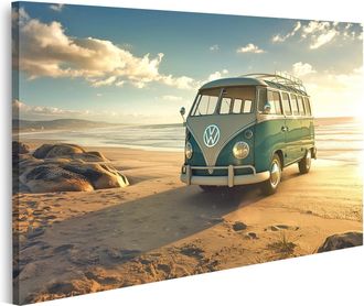 Islandburner Bild auf Leinwand Kult Bus am sonnigen Strand mit blauem Himmel f&uuml;r Wohnzimmer Strandliebhaber Reiseb&uuml;ro Bilder Wandbilder Poster