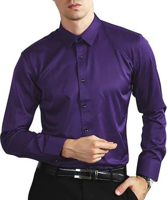 Generic Chemise en satin pour homme - Coupe ajust&eacute;e - Chemise de costume avec bouton Down - Chemise de travail avec col rabattu - Chemise de loisirs &eacute;l&eacute;gante 