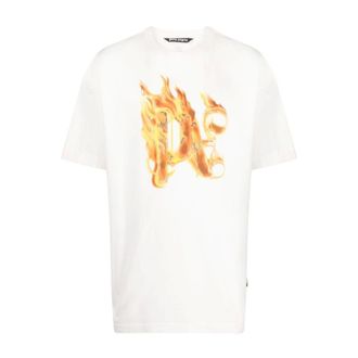 Palm Angels Homme, Tops, Blanc, Taille: S Burning Monogram Tee