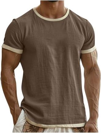 Generic T-shirt &agrave; col rond l&eacute;ger et classique pour homme, couleur unie, confortable, extensible, polyvalent, d&eacute;contract&eacute;, en lin, pour la course &agrave; pied, la pl