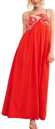 Generic Robe Longue à Bretelles Koi Fish pour Femme Robe Camisole Maxi Taille Haute Poisson 3D (Rouge,Grand)