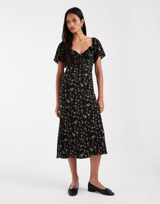 Kiss The Sky Kiss the Sky robe midi &agrave; manches &agrave; volants noire &agrave; petites fleurs-multicolore