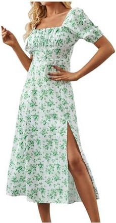 Generic Robes amincissantes d&eacute;t&eacute; 2026 pour femmes, imprim&eacute; floral, coupe ajust&eacute;e, col carr&eacute;, ourlet fendu, robe boh&egrave;me l&eacute;g&egrave;re, Rouge, XXL