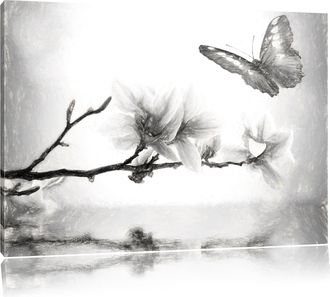Pixxprint Schmetterling mit Magnolien-Blüte, Größe: 120x80cm, Leinwandbild, fertig gespannt, Wandbild, Dekoration, Kunstdruck, kein Poster