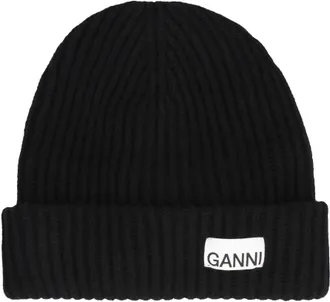 Ganni Womens Ribbed Knit Beanie Black Wool Hat