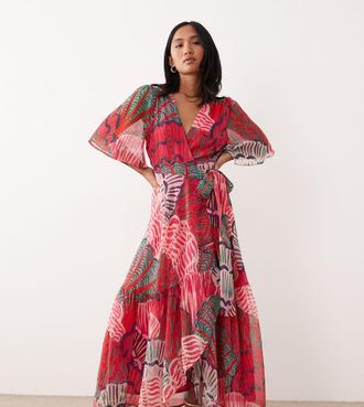 Hope & Ivy Petite Robe portefeuille longue &agrave; manches &eacute;vas&eacute;es et imprim&eacute; coquillages - Rouge