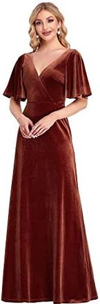 Ever-pretty Robe de Soirée Col en V Velours A-Line Élégante Rétro Manches Courtes Femme Rouge Brique 52