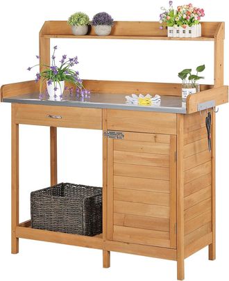 Yaheetech Pflanztisch mit Schubladen & Unterschrank, Blumentisch, Outdoor Gärtnertisch Holzpflanztisch mit verzinkt Arbeitsplatte, Gartenarbeitstisch Wetterfest