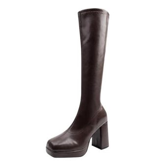 Generic Bottes montantes au genou pour femme - Talon bloc - &Eacute;l&eacute;gantes - Couleur unie - Semelle &eacute;paisse - Extensible - Style d&eacute;contract&eacute; et classique, marron, 