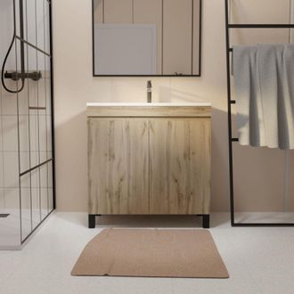 Aurlane Meuble de salle de bains 60 cm timber - d&eacute;cor ch&ecirc;ne naturel &agrave; portes avec vasque c&eacute;ramique blanche