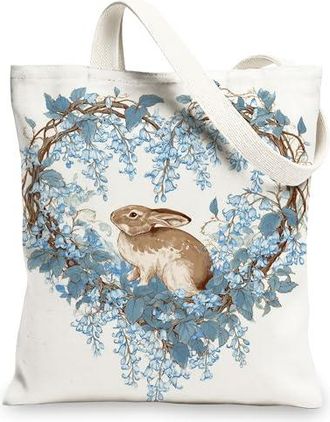 Generic Sacs fourre-tout en toile motif lapin, motif floral, sacs dépicerie réutilisables, élégants et légers et lavables pour voyage, plage, pique-nique, 33 