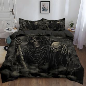 Generic Sensenmann Bettbezug 135 x 200 cm Schwarz Sch&auml;del Bettw&auml;sche Set, Weich Mikrofaser Bettbezug Set - Schlafzimmer Dekorative 3 St&uuml;ck mit Rei&szlig;verschluss 