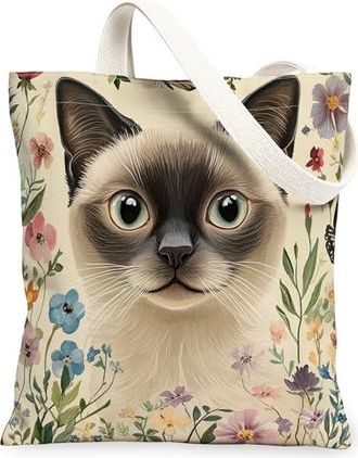 Generic Sac fourre-tout en toile motif chats siamois printaniers 33 x 38,1 cm, sac d&eacute;picerie r&eacute;utilisable pour femme, motif animal de compagnie, d&eacute;coration ca
