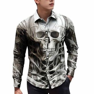 Generic Chemise &agrave; manches longues pour homme, coupe ajust&eacute;e, imprim&eacute; 3D, tendance, chemise daffaires, col &agrave; revers, chemise formelle, extensible dans les 4 se