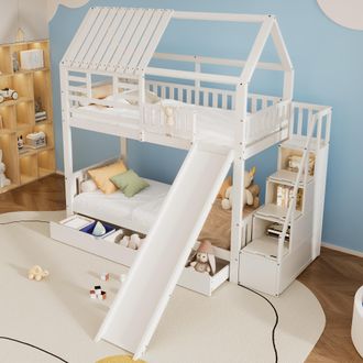 Myboo Platzsparendes Etagenbett 90x200 cm f&uuml;r Kinder, Hochbett Hausbett mit Stauraum Treppe und Rutsche, Kinderbett Holzbett mit Absturzsicherung und 2 Schu