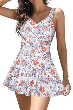 SHEKINI Robe de Bain Femme Maillot de Bain Une Pièce Jupe de Natation Col Bas Croix Ruched Dos Nu Bikini Femme Ventre Imprimé Grandes Tailles pour Femmes, Mar