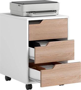 HOMCOM Caisson bureau mobile, meuble rangement bureau sur roulettes, 3 tiroirs, 40x50x57,5cm, blanc et ch&ecirc;ne-Blanc