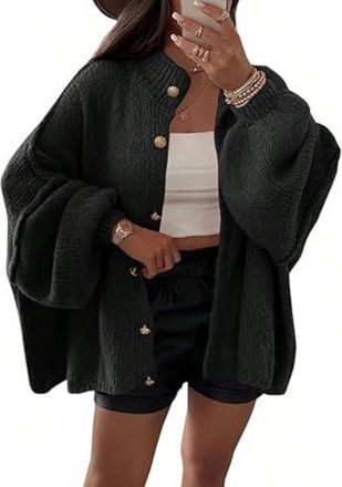 Generic Chandail &eacute;pais boutonn&eacute; &agrave; manches lanternes pour femmes, pull en tricot boutonn&eacute; &agrave; col montant, manteau surdimensionn&eacute;, Noir, S