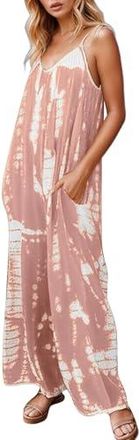 Generic Robes boh&egrave;me 2026 pour femmes, bretelles spaghetti, combinaisons, pantalons teints par nouage, d&eacute;contract&eacute;, grande taille avec poches, rose, 4XL