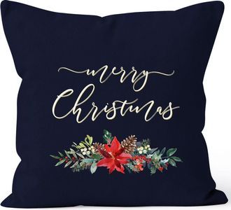 Autiga Kissenbezug Weihnachten Merry Christmas Blumen Weihnachtsstern Christstern Flower Frohe Weihnachten Navy 40cm x 40cm