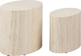 AC Design Furniture Rico Couchtisch in Beige Travertine Optik 2er Set, Platzsparende Ovale Beistelltische fürs Wohnzimmer, Moderne Satztische, B: 48 x H: 40 x T: 33 cm un