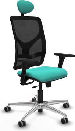 Piqueras y Crespo B&uuml;rostuhl mit 3D-Armen, h&ouml;henverstellbarer Lendenwirbelst&uuml;tze und festem Kopfteil, ausgestattet mit Syncro/Traslack und Schneideschaum. Schwarz/T&uuml;rkis