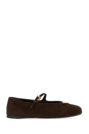Prada Womens Dark Brown Suede Ballerinas Moro Ballerine Flat Shoes