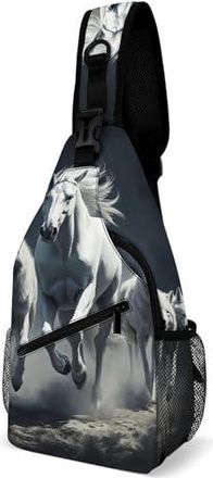 Generic Sacoche Tactique Art du loup et du cheval sauvage blanc Casual Sac &agrave; Bandouli&egrave;re Durable Sac &agrave; Poitrine pour Randonn&eacute;e Femme Cyclisme