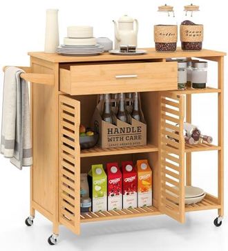 Costway Desserte de Cuisine &agrave; roulettes en Bambou, Chariot de Rangement avec Tiroir, 3 &Eacute;tag&egrave;res Ouvertes et Armoire 2 Portes &agrave; Lattes, Organisateur Mobile pou