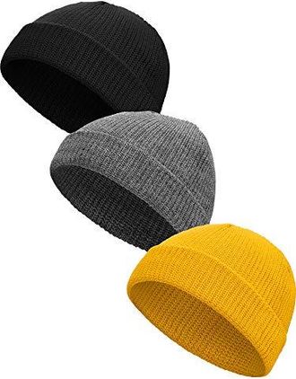 Satinior 3 Pièces Bonnet de Trawler Hiver Watch Cap en Manchette Tricot - Chapeau de Crâne à Revers pour Pêcheur (Noir, Jaune et Gris)