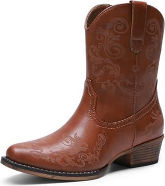 Dream Pairs Bottes Femme Western Cowboy Courtes Bout Carr&eacute; Confortables Mode,Size 38,Cognac,SDAB2407W