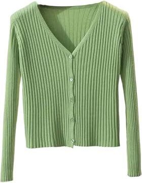 Generic Cardigan &eacute;l&eacute;gant &agrave; col en V c&ocirc;tel&eacute; &agrave; manches longues pour femme - Cardigan taille haute - Manteau d&eacute;contract&eacute;, Vert-13506, Taille Unique