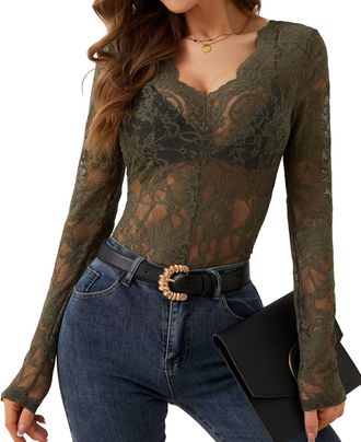 ORANDESIGNE Damen Bluse Elegant V-Ausschnitt Langarm Tshirt Sexy Spitze Langarmshirt Blumenmuster Mesh Sheer Transparente Netz Oberteile Leicht Tunika Tracht Spit
