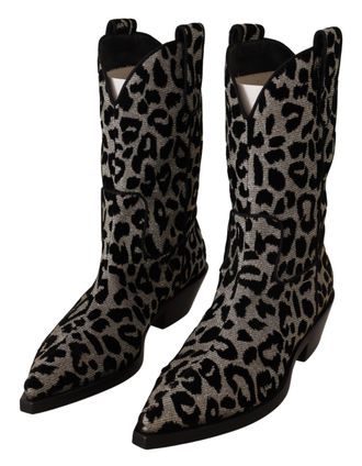 Dolce & Gabbana Womens Gray Black Leopard Cowboy Boots Shoes
