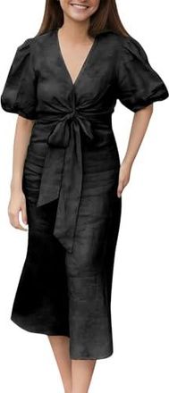 Generic Robe longue &agrave; manches volant&eacute;es et col en V pour femme, robe midi &eacute;l&eacute;gante, taille &eacute;l&eacute;gante, noeud papillon, couleur unie, robe d&eacute;t&eacute; confortable, l&eacute;g&egrave;