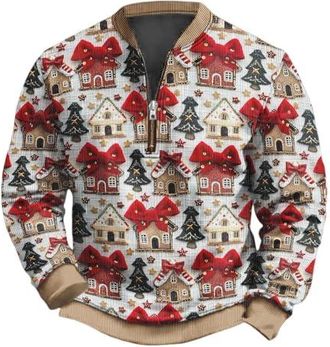 Generic Pull de Noël fantaisie imprimé Père Noël à manches longues avec fermeture éclair 1/4 pour homme - Flocons de neige dhiver, Blanc-1, XXL