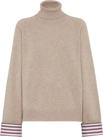 Brunello Cucinelli Femme, Pulls, Beige, Taille: 38 FR Pull Col Roul&eacute; avec Monili