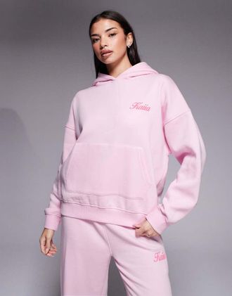 KAIIA Sweat &agrave; capuche densemble oversize en coton majoritaire &agrave; imprim&eacute; graphique en relief au dos - Rose pastel et corail-Multicolore