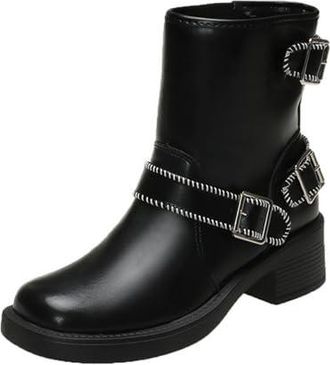 Generic Bottes mi-mollet &agrave; bout carr&eacute; pour femme - Bottes de moto en similicuir avec sangles &agrave; boucle d&eacute;coratives, fermeture &eacute;clair lat&eacute;rale, faciles &agrave; mettre